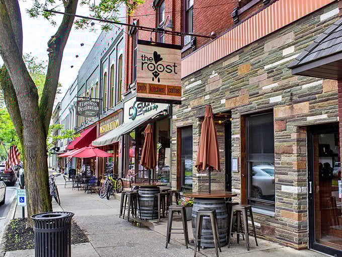 The Roost's inviting outdoor seating beckons with barrel tables and the promise of people-watching&mdash;the original social media that pairs perfectly with coffee.