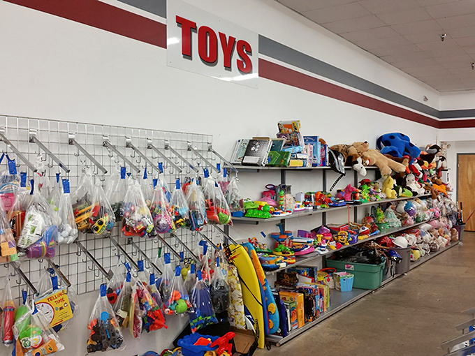 The toy section: where childhood memories are stacked neatly on shelves, waiting for their next adventure with a new generation.