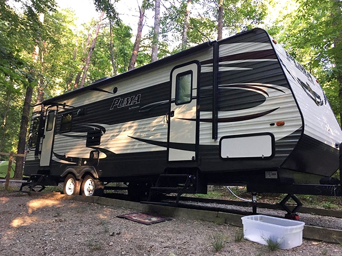 Home away from home: this travel trailer setup proves you can bring some creature comforts while still waking up to birdsong and dappled sunlight.