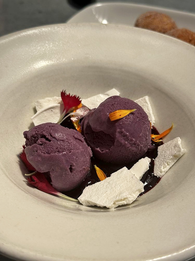 Purple gelato that looks like it was harvested from some magical Italian orchard. The meringue shards add textural drama to every spoonful.