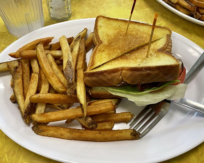 This sandwich isn't just cut in triangles&mdash;it's engineered for maximum crunch-to-filling ratio, with fries standing by as golden backup dancers.