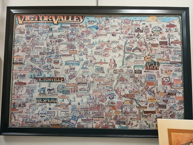 This illustrated map of Victor Valley looks like the fever dream of a cartographer who drank too much root beer at a roadside stand.