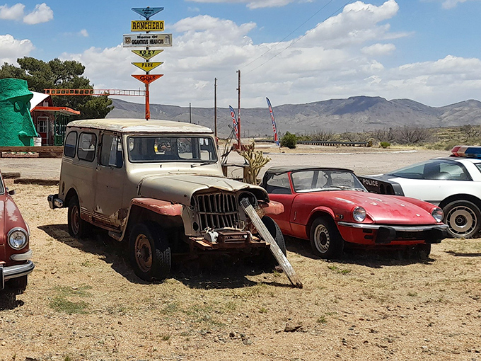 Detroit's finest relics rest in the desert sun, creating an automotive graveyard that feels like a museum exhibit titled "America's Highway Heyday."