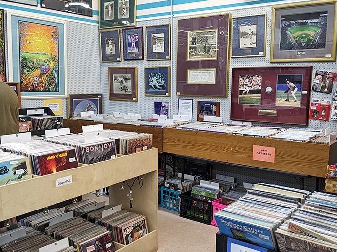 Vinyl heaven! Album covers and sports memorabilia that transport you back to when music came with artwork you could actually see.