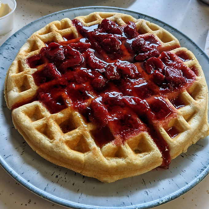 Waffle perfection with syrup pockets designed by breakfast engineers who understand morning happiness requires proper planning.