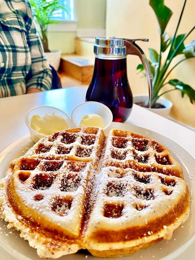This isn't just a waffle; it's a powdered sugar-dusted canvas for maple syrup rivers, accompanied by real maple syrup that makes artificial versions hang their heads in shame.
