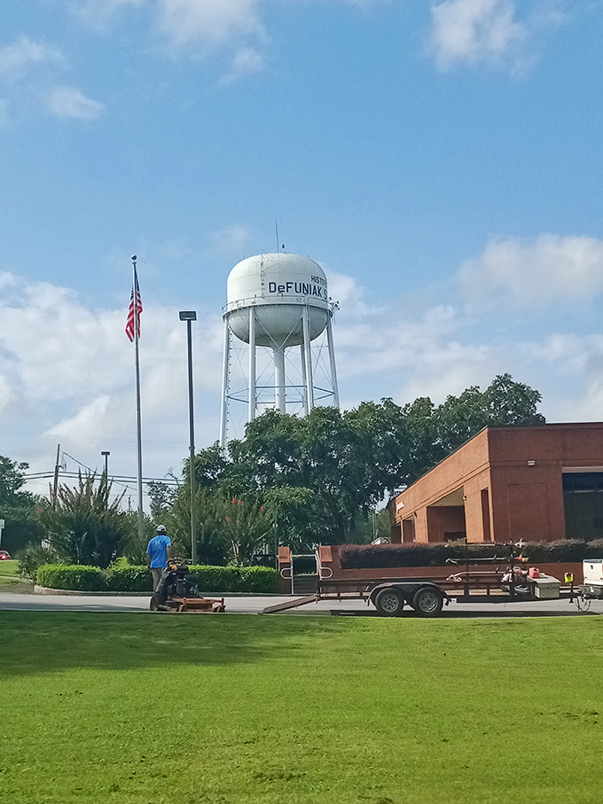 DeFuniak's water tower stands like an exclamation point on the town's skyline. The ultimate "You Are Here" marker for returning wanderers.