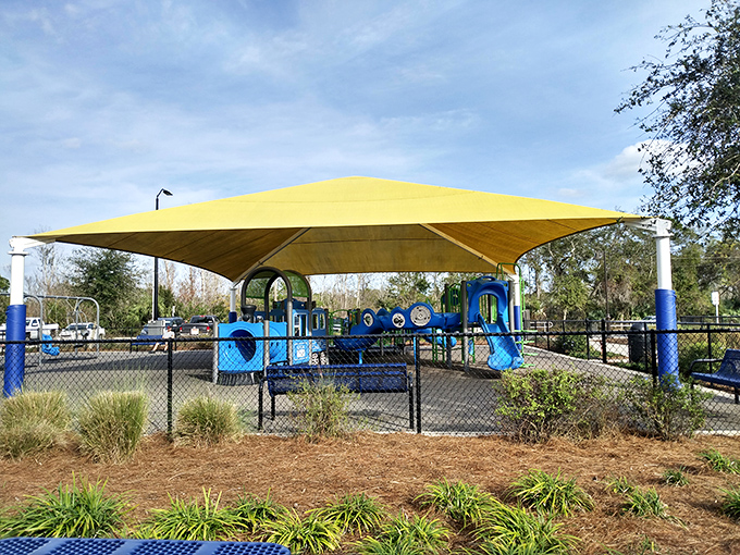 Childhood joy doesn't expire with age. This colorful playground offers grandparent-friendly seating while the little ones burn off energy.