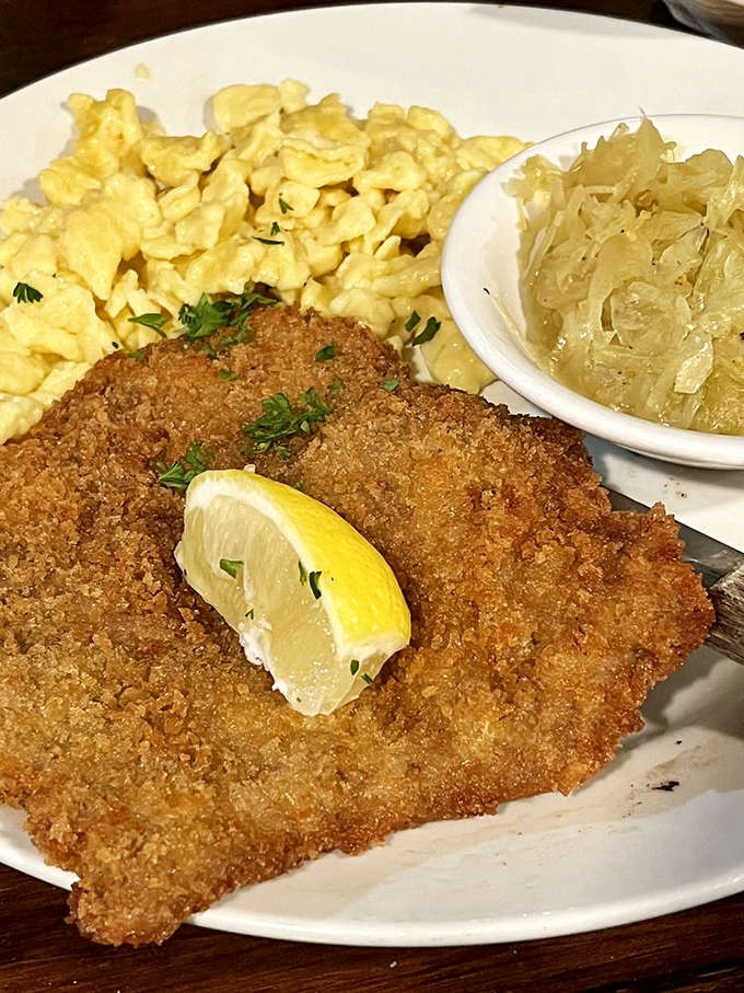 Wiener Schnitzel that's worth crossing state lines for—golden-brown, perfectly crisp exterior giving way to tender meat, with a bright lemon wedge standing by.