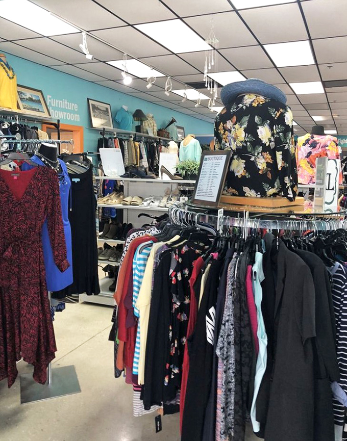 Fashion finds that range from "perfect for brunch" to "perfect for a Florida retiree rave." The turquoise walls make every garment pop like a South Beach billboard.