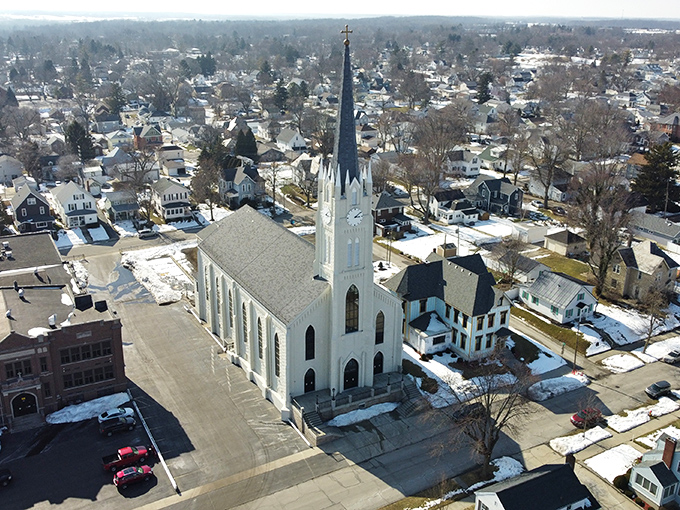 The steeple of this classic white church rises above Huntington's winter landscape like an exclamation point at the end of a heartfelt prayer.