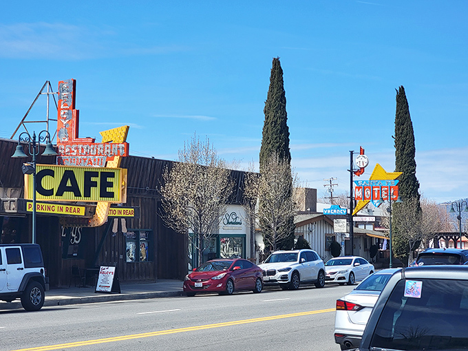 Vintage neon signs announce Tehachapi's classic eateries, a visual feast that promises comfort food and conversations with colorful locals.