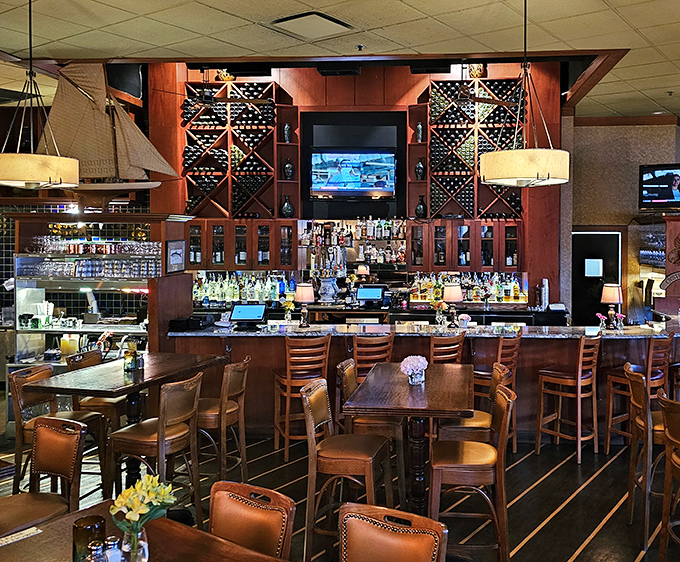 The bar doesn't just serve drinks&mdash;it showcases an impressive wine collection that's ready to complement whatever swims onto your plate.