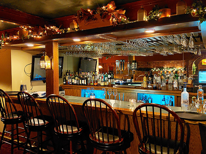 The bar gleams with promise under festive lights, offering liquid rehabilitation after a long day of whatever crimes against productivity you've committed.