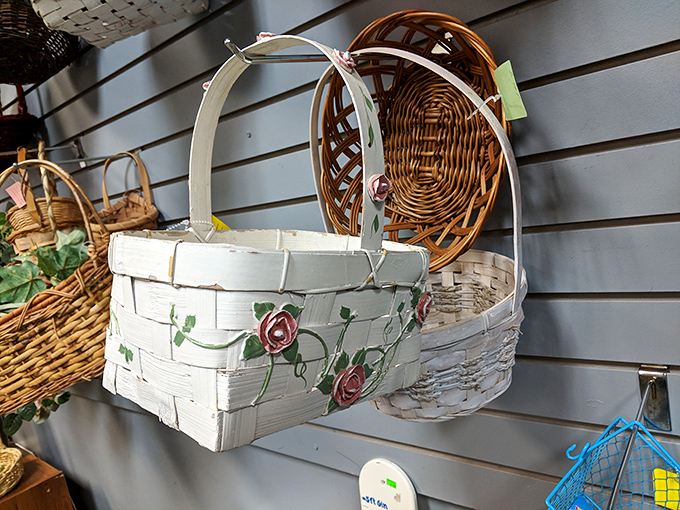 Basket paradise! These handcrafted containers once held someone's treasures and now await new purposes in another home's story.