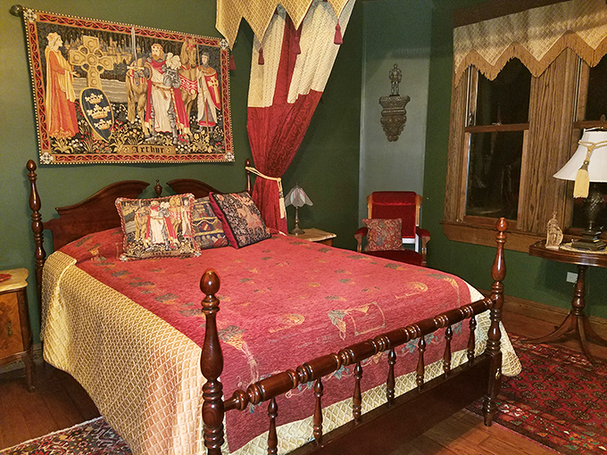 Sleep like royalty in this bedchamber where tapestries, rich fabrics, and four-poster craftsmanship create dreams of medieval grandeur.