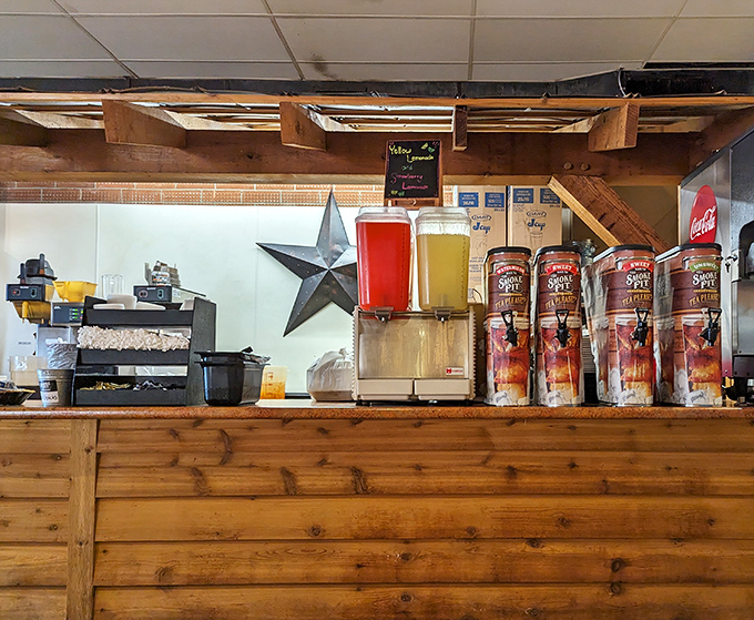 The beverage station where sweet tea flows like liquid sunshine and barbecue dreams come true.