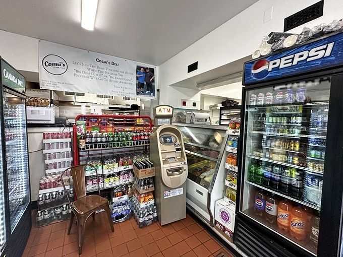 The beverage selection rivals the sandwich menu. In the deli universe, proper hydration is serious business, especially with something this savory.