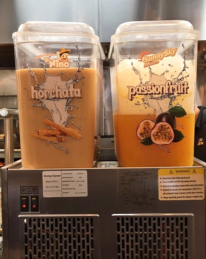 Horchata and passion fruit beverages standing by like liquid refreshment superheroes, ready to rescue you from spice and thirst.