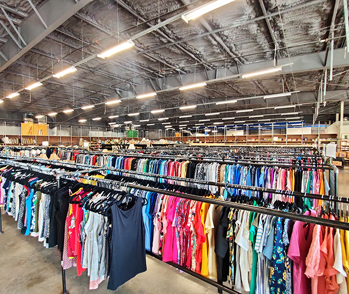 A kaleidoscope of colors and patterns that proves secondhand shopping is the original sustainable fashion statement.