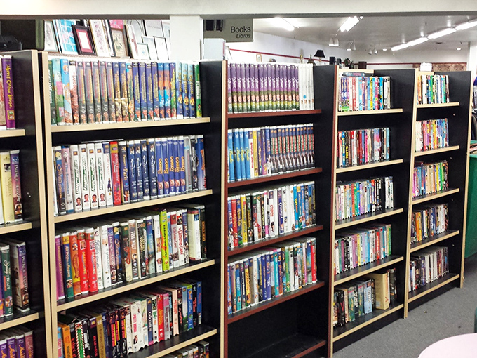 The media section: where forgotten DVDs, vintage VHS tapes, and paperbacks await their chance at a second act.
