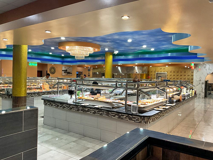 Buffet stations stretch as far as the eye can see, a seafood superhighway where every lane leads to satisfaction.