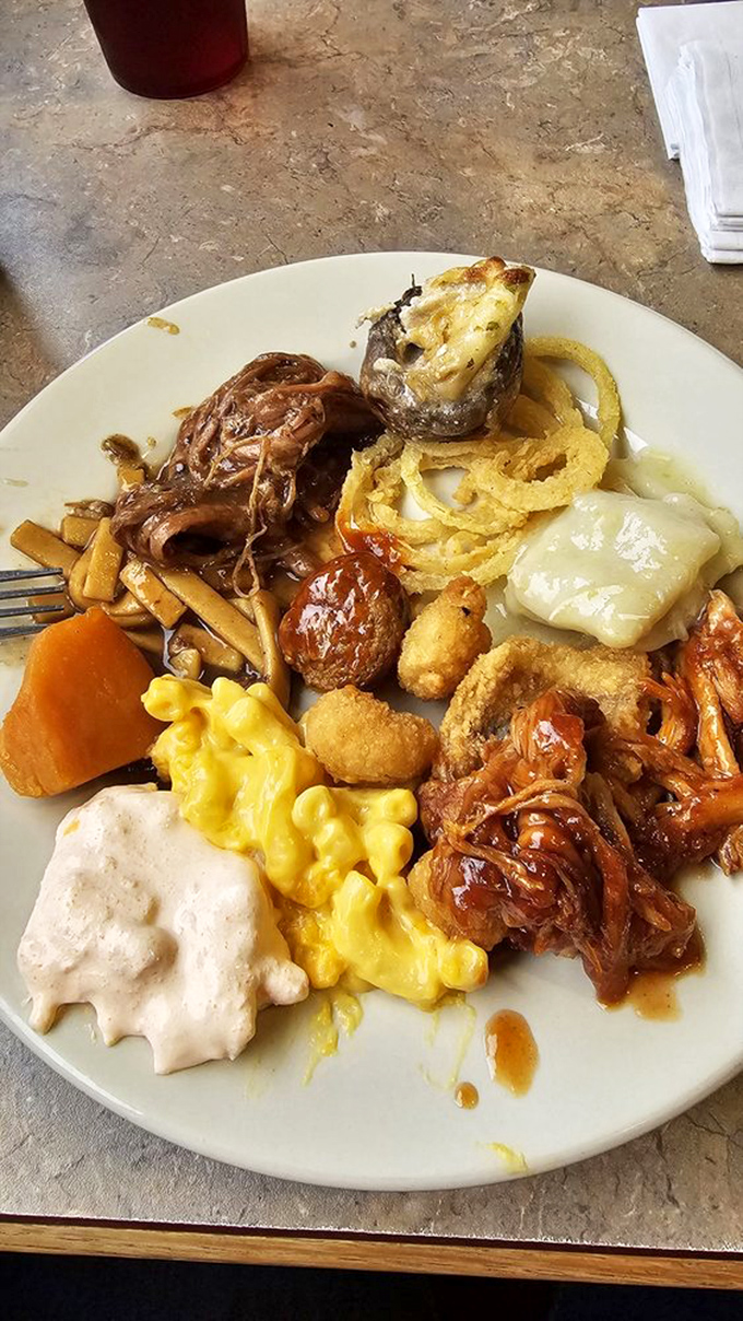 The buffet plate that says "I came here to eat, not to diet." A symphony of textures and flavors that represents the best of heartland cooking.