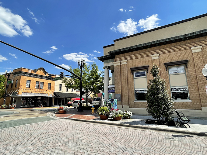 Brick streets and thoughtful landscaping make downtown DeLand a pedestrian's dream. Norman Rockwell with palm trees.