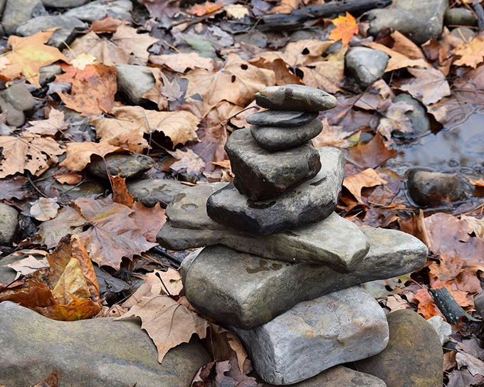 Someone's taken "leave no trace" to artistic heights with this carefully balanced cairn, nature's own version of zen meditation.