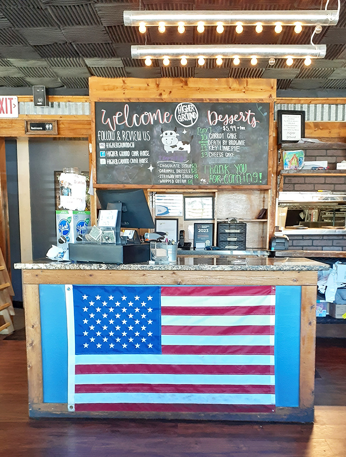 The welcome counter, where culinary dreams begin and diet plans go to die. That American flag says it all&mdash;this is patriotic eating at its finest.