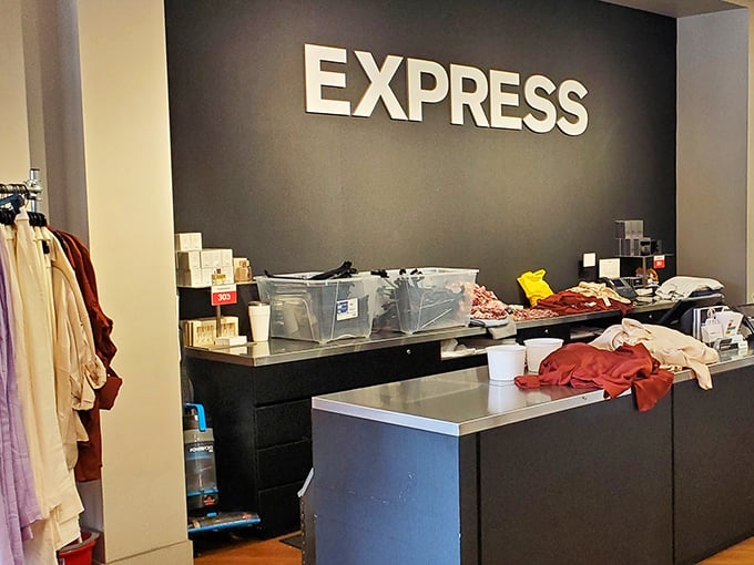Behind the scenes at Express, where retail magic happens amid organized chaos and tomorrow's outfit waits to be discovered at yesterday's prices.