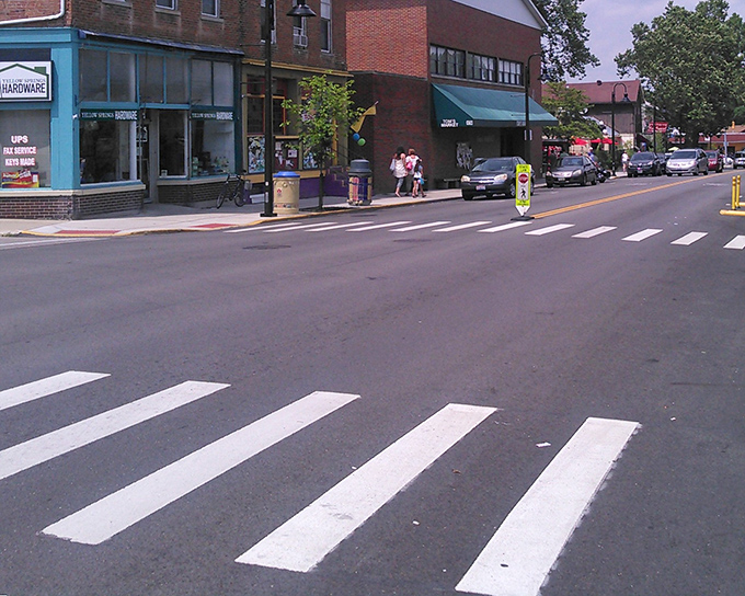 Downtown crosswalks: where pedestrians actually have the right of way and drivers willingly stop. A small miracle in today's hurried world.