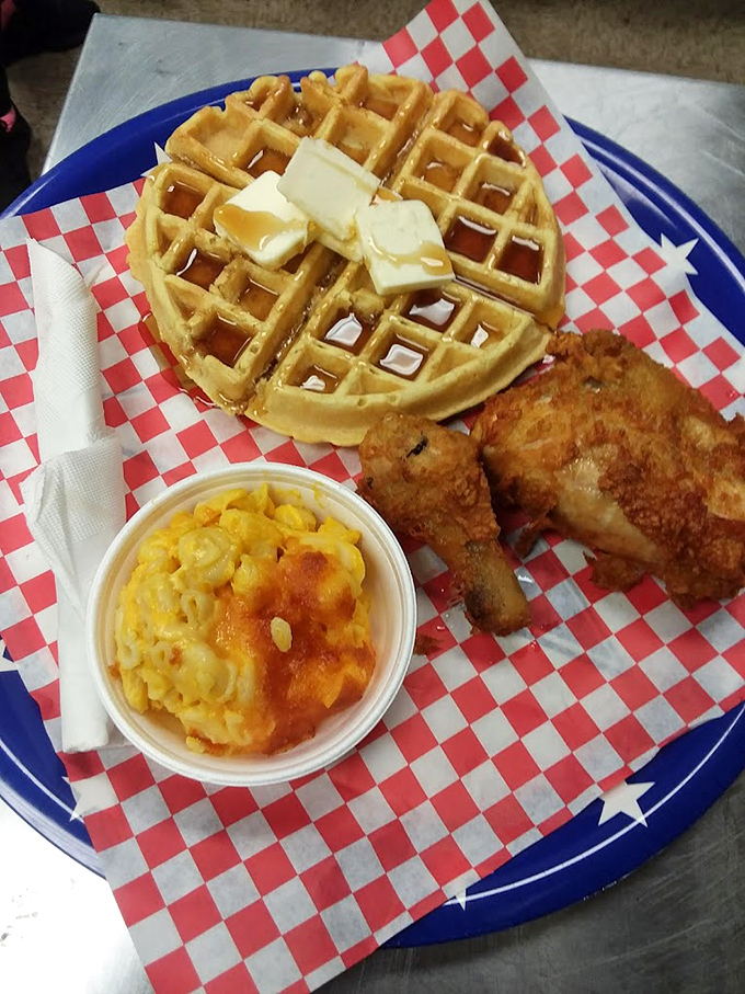 Chicken and waffles with mac and cheese &ndash; the holy trinity of comfort food that makes you want to hug the chef and take a nap simultaneously.