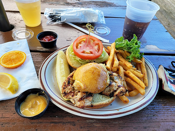 A sandwich that proves Mike's isn't just about crabs. That golden bun and crispy fries would make even a seafood skeptic smile.