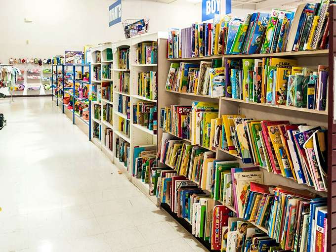 Children's books lined up like colorful soldiers of imagination. Childhood classics and forgotten gems standing at attention.