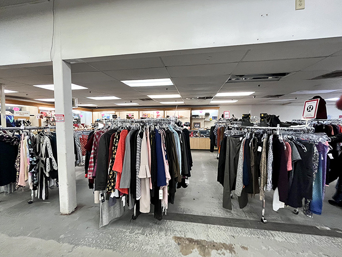 Clothing racks organized with military precision make finding that perfect second-hand outfit surprisingly easy. Fashion recycling at its finest.