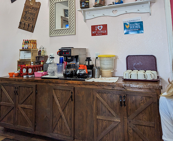 Self-serve coffee station where the brew flows freely and the hospitality never runs dry or cold.