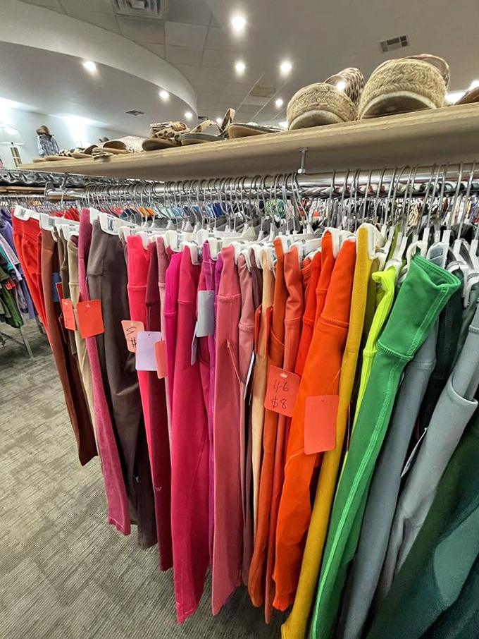 A rainbow of pants that would make Roy G. Biv jealous. Finding your size in that perfect shade of coral feels like winning the lottery.