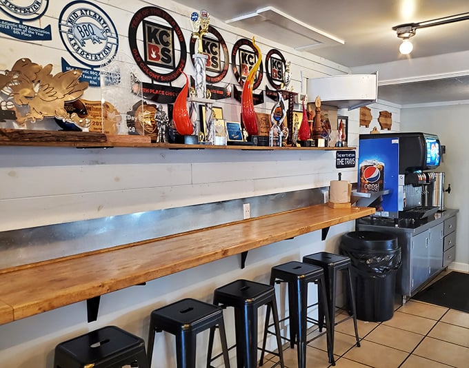 Counter seating where barbecue dreams come true. These stools have supported the weight of countless happy customers and their satisfied sighs.
