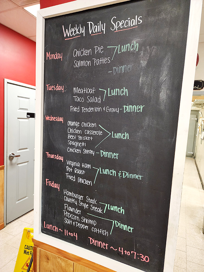 The chalkboard of happiness! Daily specials that read like a comfort food calendar&mdash;Thursday's Virginia Ham and Pot Roast might be worth planning your week around.