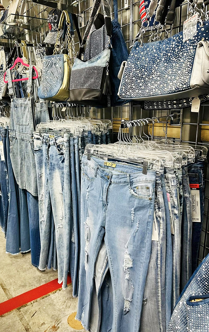 Denim displayed with more care than most museum exhibits. These jeans and bags promise to be your most faithful travel companions.