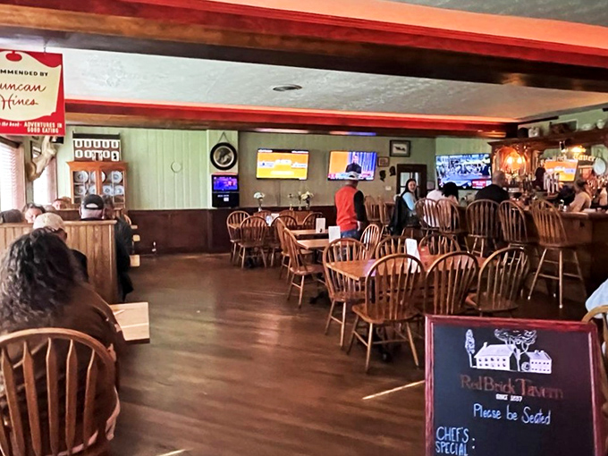 The tavern's casual dining area balances history with comfort, where locals and travelers alike gather to share meals and stories.