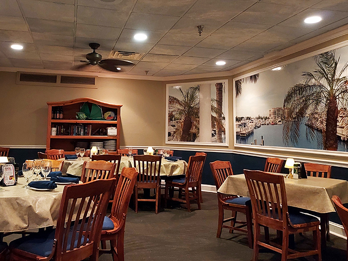 Coastal photographs and warm wood tones create the perfect backdrop for seafood stories that will become family legends.