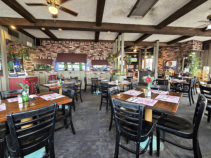 Brick walls, wooden tables, and the promise of seafood excellence&mdash;this dining room feels like the captain's quarters of a very successful pirate ship.