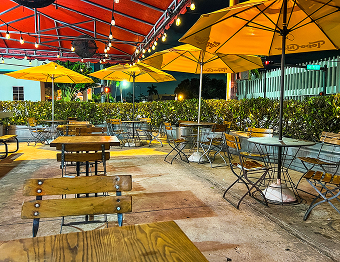 As night falls, Dogma's outdoor patio transforms into a twinkling oasis. Yellow umbrellas and string lights create the perfect ambiance for frank feasting.
