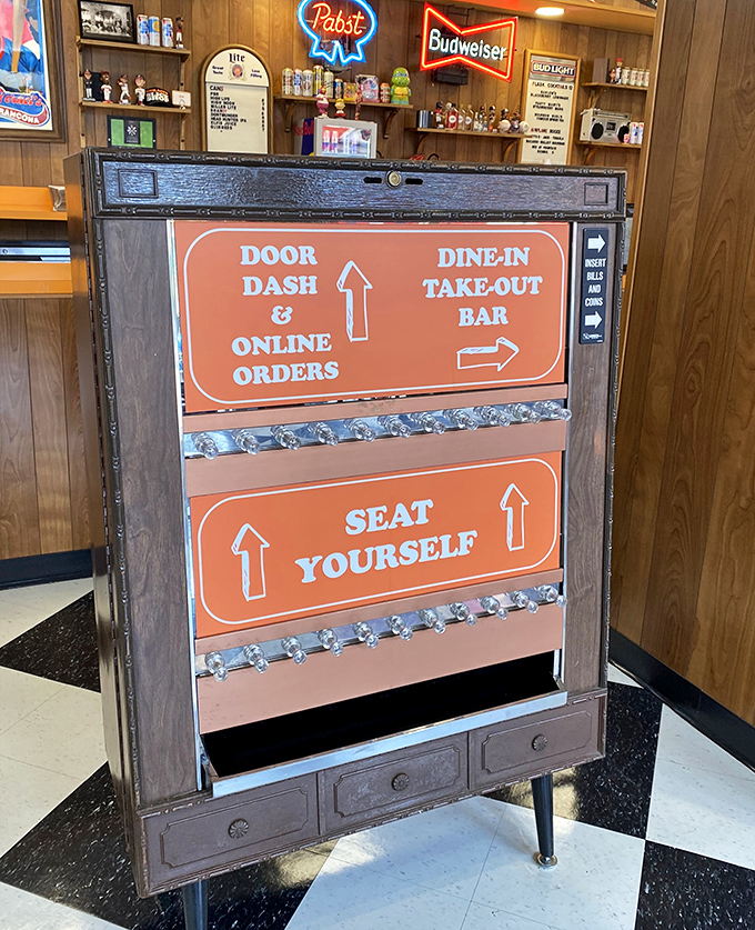 Even the directional signs have personality. "Seat Yourself" isn't just an instruction&mdash;it's an invitation to pizza paradise.