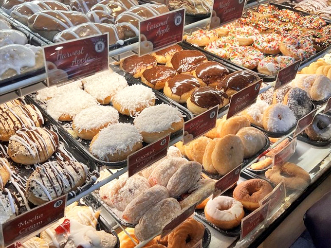 A rainbow of donut possibilities stretches before you. Life's big question: coconut, caramel apple, or throw caution to the wind and try both?