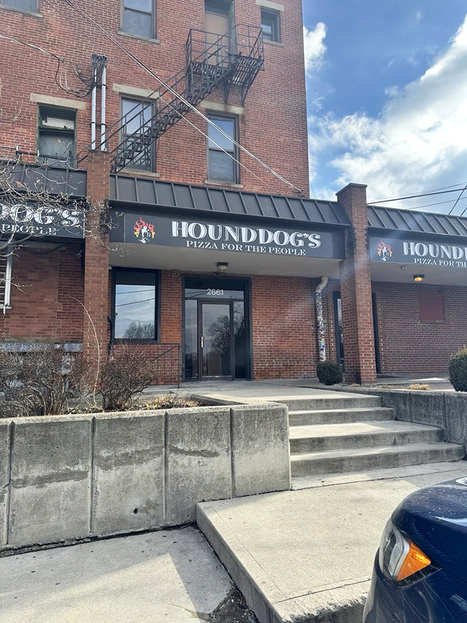 "Pizza for the People" isn't just a slogan—it's a mission statement carved into the Columbus landscape, welcoming hungry souls up those concrete steps.