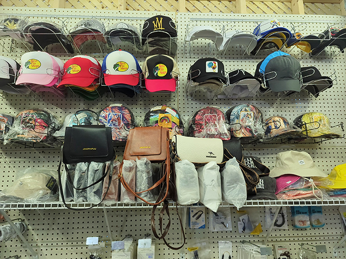 Hat heaven meets handbag paradise on this perfectly organized pegboard display. Somewhere in this fashion cornucopia is the accessory you didn't know you needed.