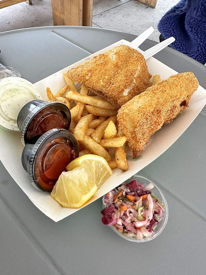 Fish and chips that would make a British pub proud, with a Midwestern twist. That tangy slaw provides the perfect acidic counterpoint